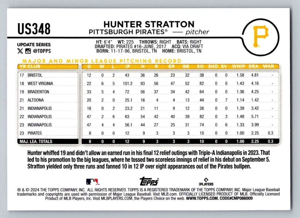 2024 Topps Update Base # US348 Hunter Stratton, Pittsburgh Pirates RC ...