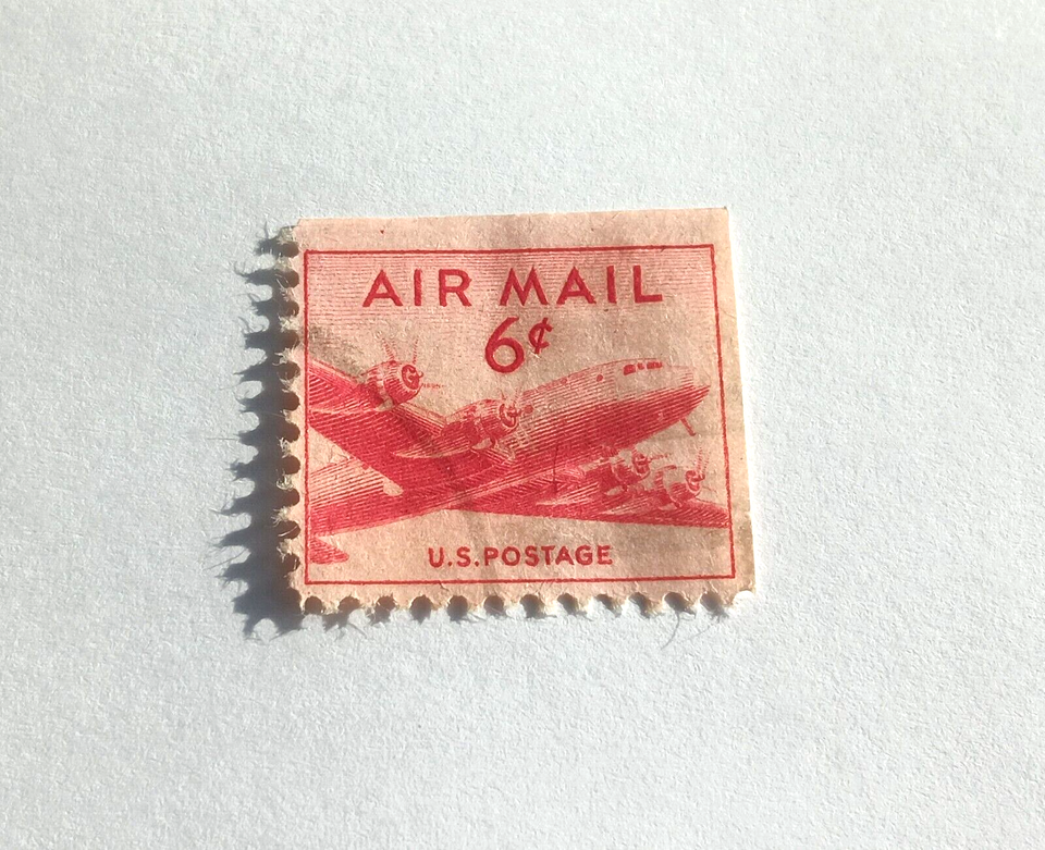Rare 1940's U.S. airmail 6 cent red stamp aviation off set 2 straight ...
