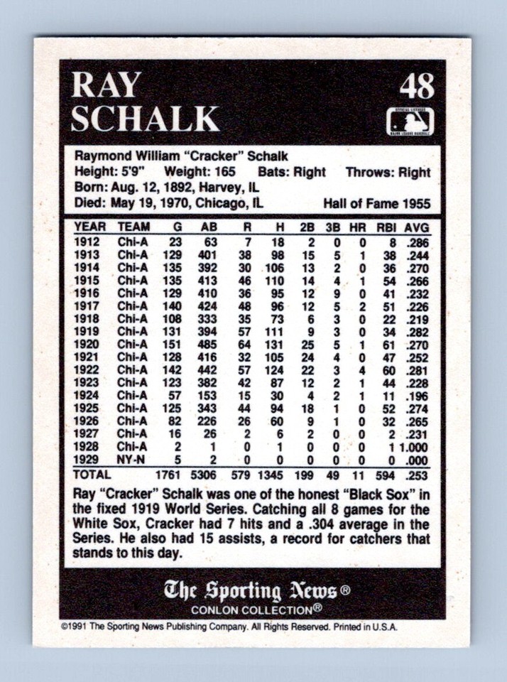 1991 Conlon Collection #48 Ray Schalk HOF | eBay