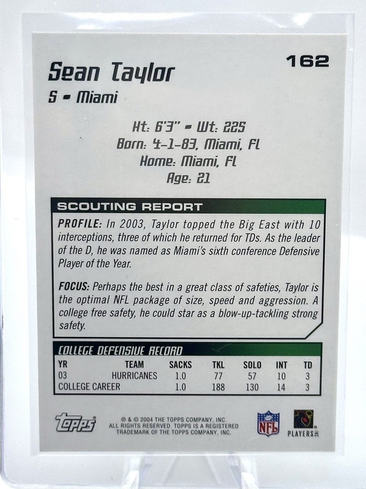 2004 Topps Draft Picks & Prospects Sean Taylor RC #162 NRMT/MT Miami ...