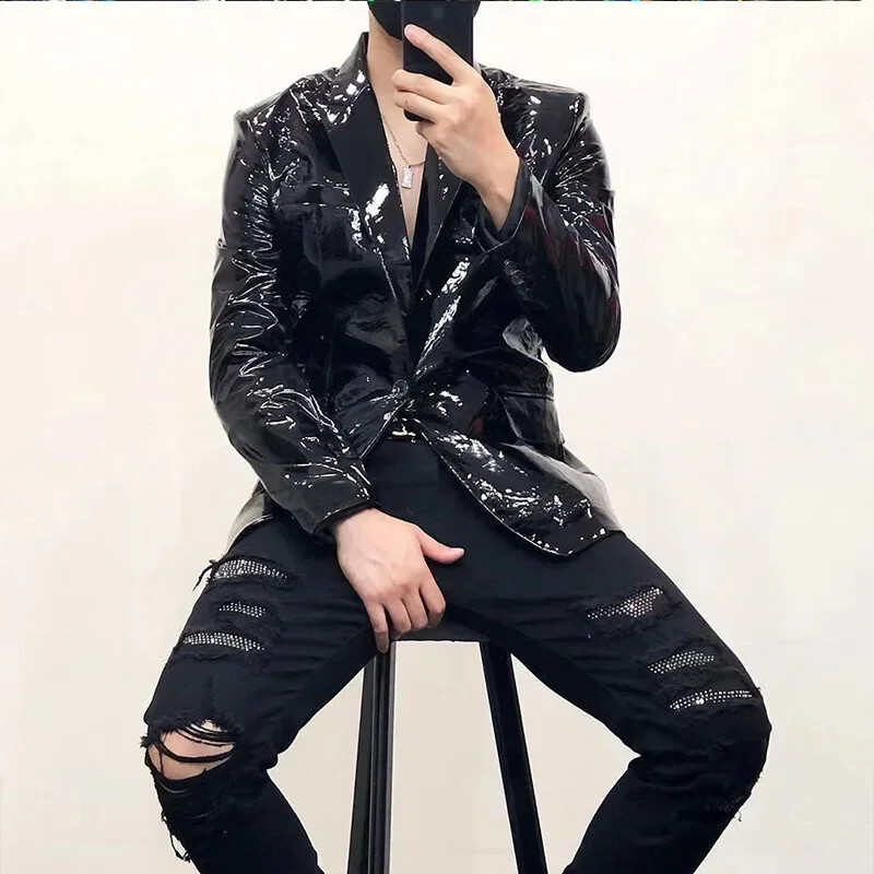 Men's Leather Long Sleeve Suits Jacket Male Slim PVC Overcoat Business ...