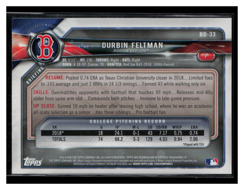 2018 Bowman Draft #BD-33 Durbin Feltman 1st Bowman | eBay