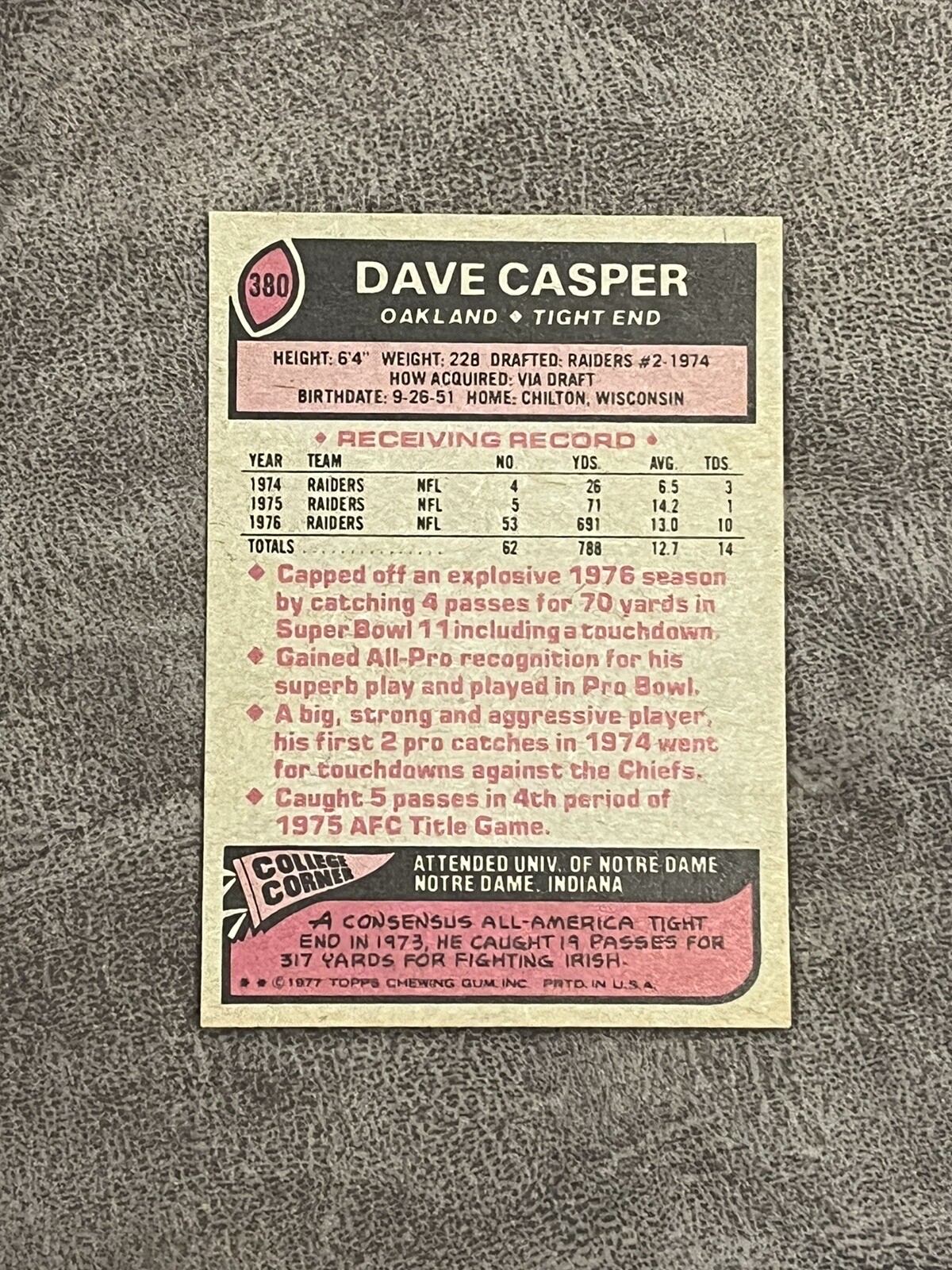 1977 Topps Football Dave Casper #380 NM-MT Rookie RC HOF Oakland ...