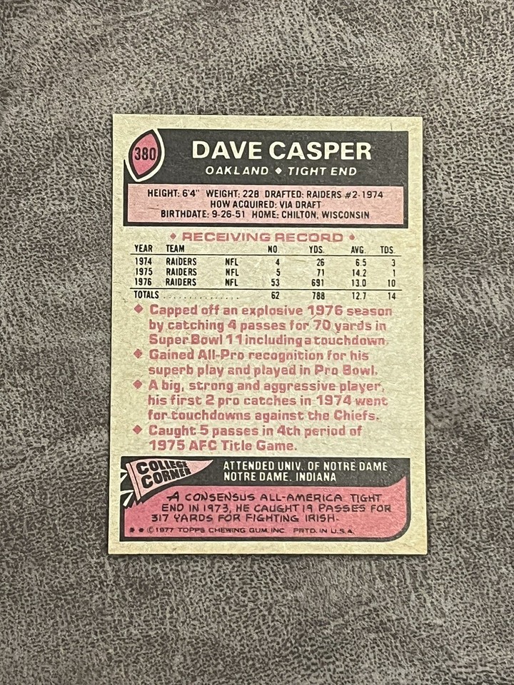 1977 Topps Football Dave Casper #380 NM-MT Rookie RC HOF Oakland ...