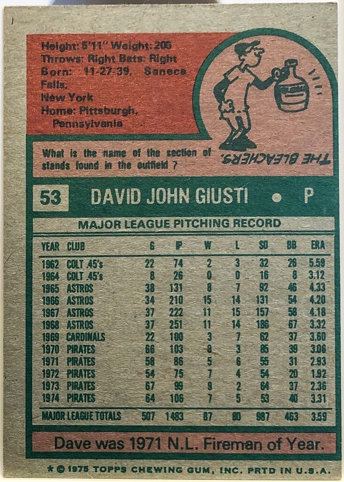 1975 TOPPS BASEBALL CARD #53 Dave Giusti, Pittsburgh Pirates | eBay