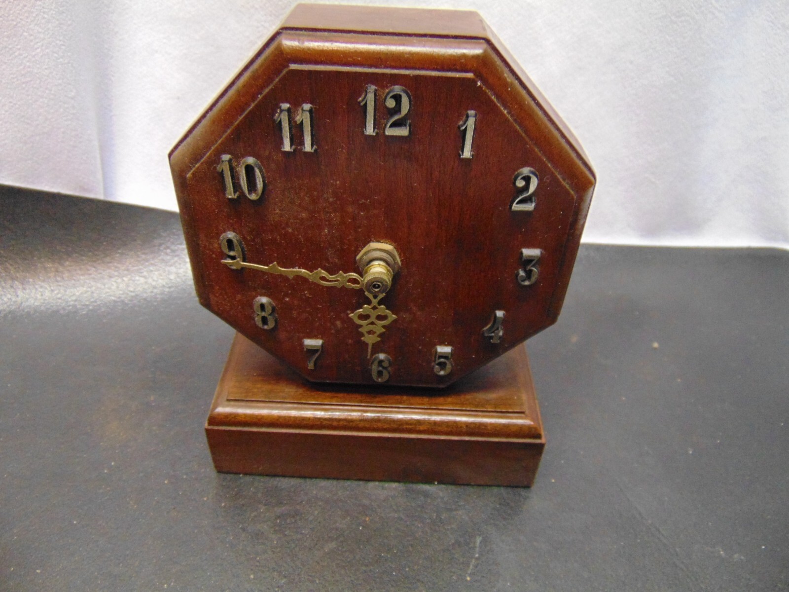 polygon shaped wooden desk clock silver numbers quartz 6 1/2" x 5 ...