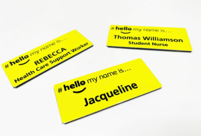 Personalised Yellow Hello My Name is Printed Logo Badge NHS GP Practice ...