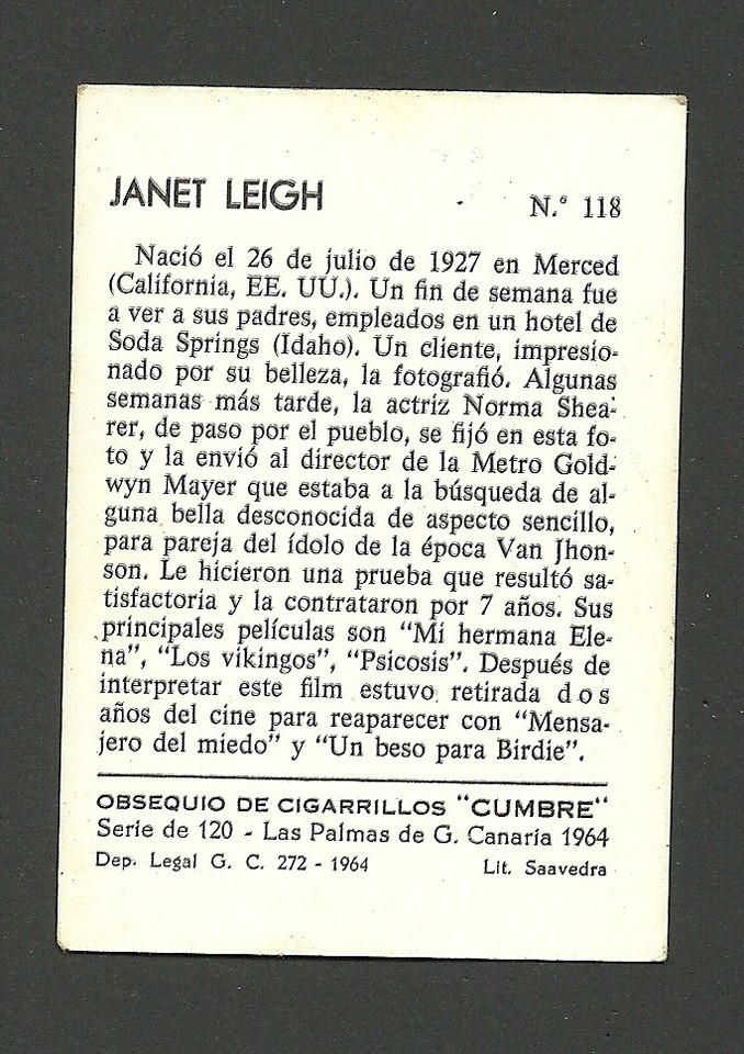 Janet Leigh Scarce Movie Film Pop Music 1964 Spanish Cumbre Cigarette ...