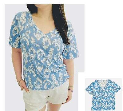 Ladies Ex Marks Linen Modal Top Short Sleeve Blue White Print V Neck T ...