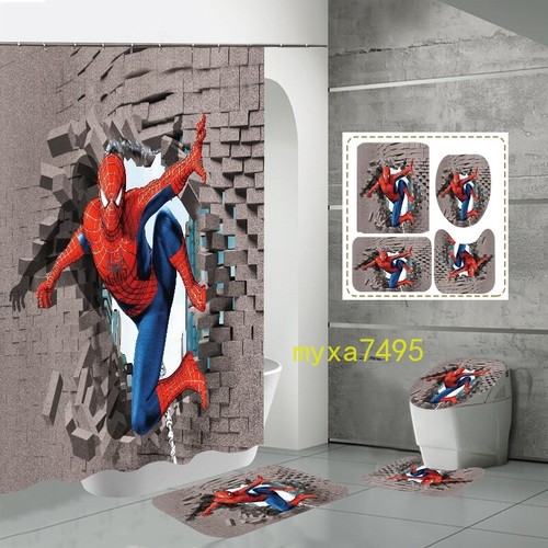 Spiderman 4PCS Bathroom Marvel Gift Toilet Cover Mat Shower Curtain The ...