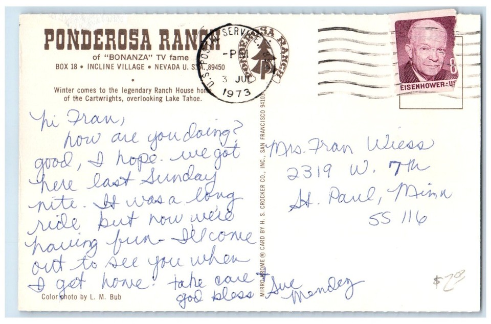 1973 Ponderosa Ranch Bonanza Incline Village Nevada NV Vintage Antique ...