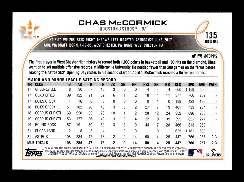 Chas McCormick 2022 Topps MLB #135 Gold Star SP Parallel Rookie Card RC ...