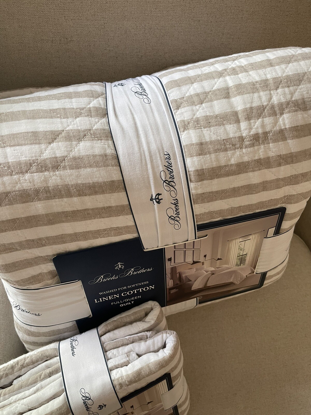 Brooks Brothers Linen Cotton Quilt And 2 Shams Quilted Striped Set | eBay