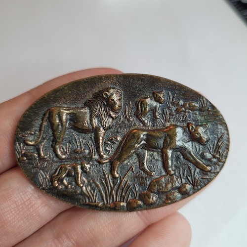 Vintage Copper Lion Lioness And Cubs Brooch Pin oval | eBay