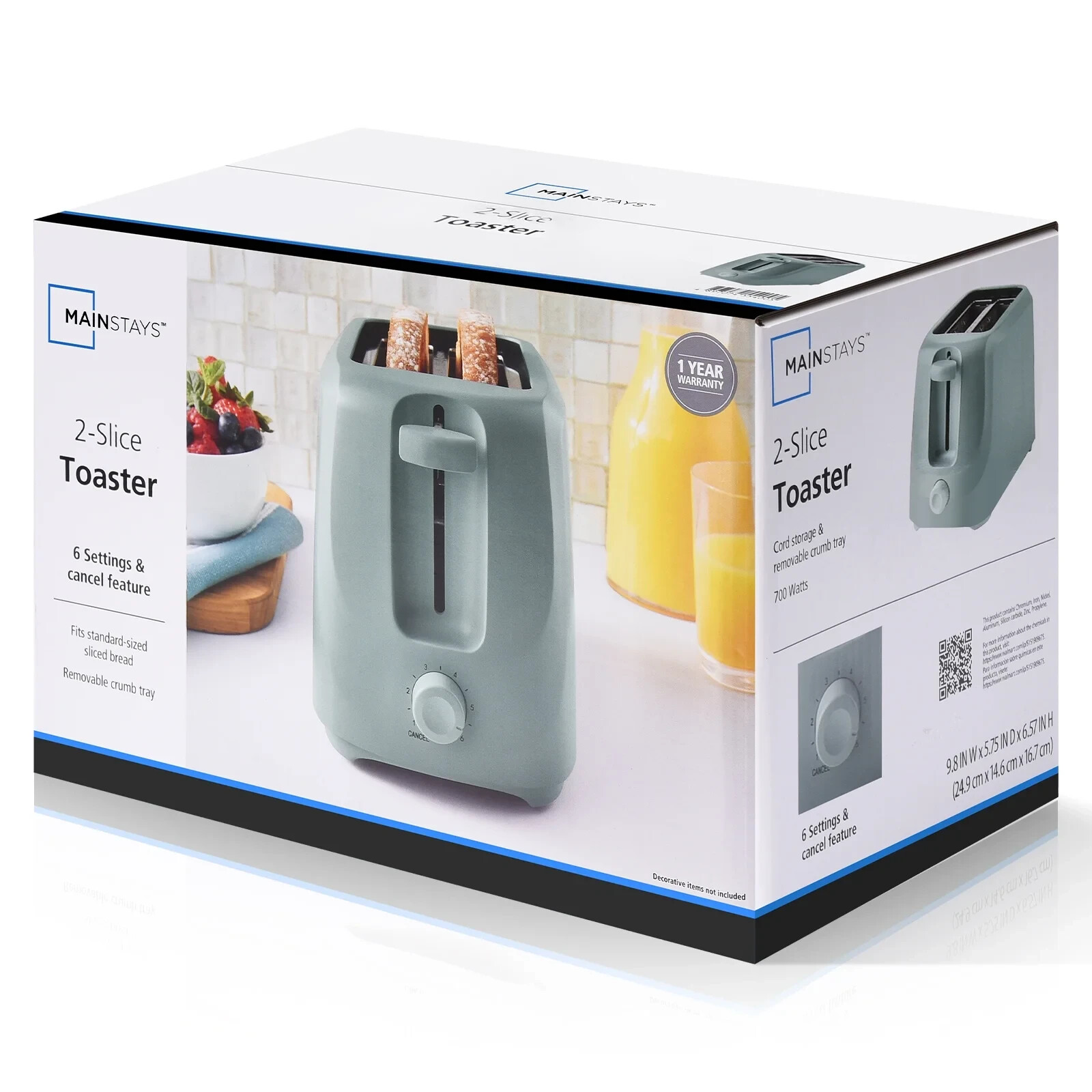 Mainstays 2-Slice Toaster with 6 Shade Settings and Removable Crumb ...