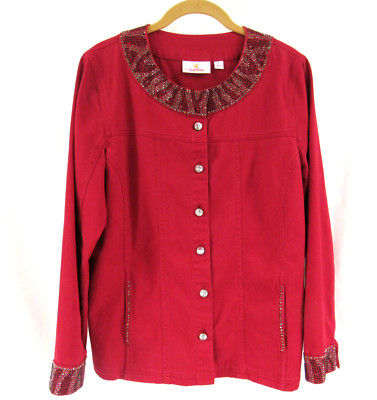 Quacker Factory Stretch Red Denim Jacket Rhinestone Studded Collar ...