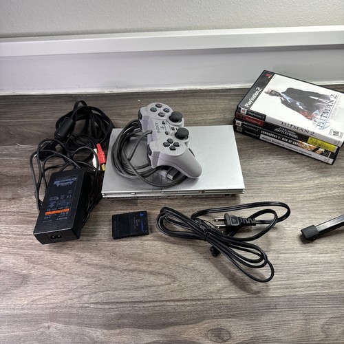 Sony PlayStation 2 PS2 Slim Silver Console System Bundle SCPH-77001 ...