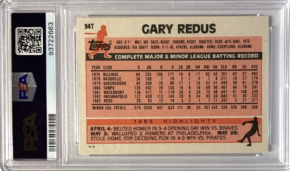 1983 TOPPS TRADED #94T GARY REDUS ROOKIE RC REDS PSA 10—LOW POP--FAST ...