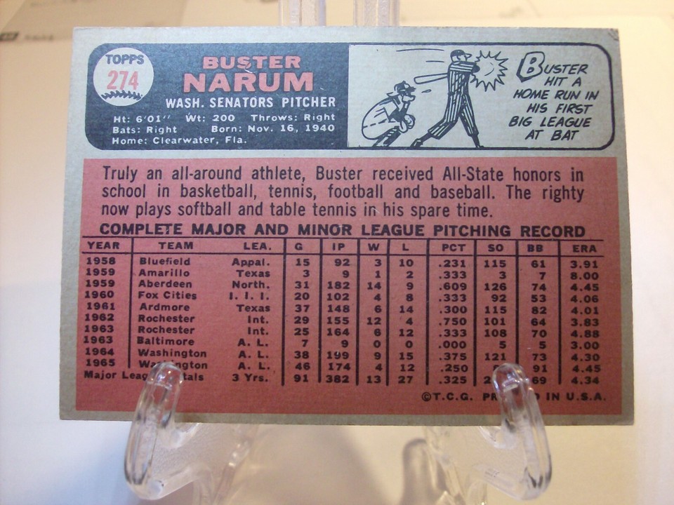 1966 Topps Baseball #274 - Buster Narum - Washington Senators 66-071 | eBay