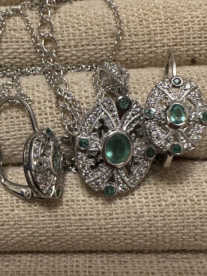 925 STERLING STAUER REAL EMERALD & DIAMOND ACCENT PENDANT NECKLACE ...