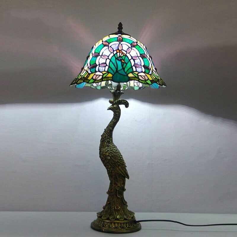 Tiffany Style Peacock Light Table Lamp LED Stained Glass Shade Desk ...