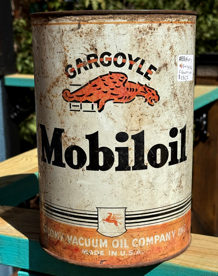 Vintage Early 5 quart Mobil Gargoyle Oil Can/ Gas /sign Mobiloil 9.5 in ...