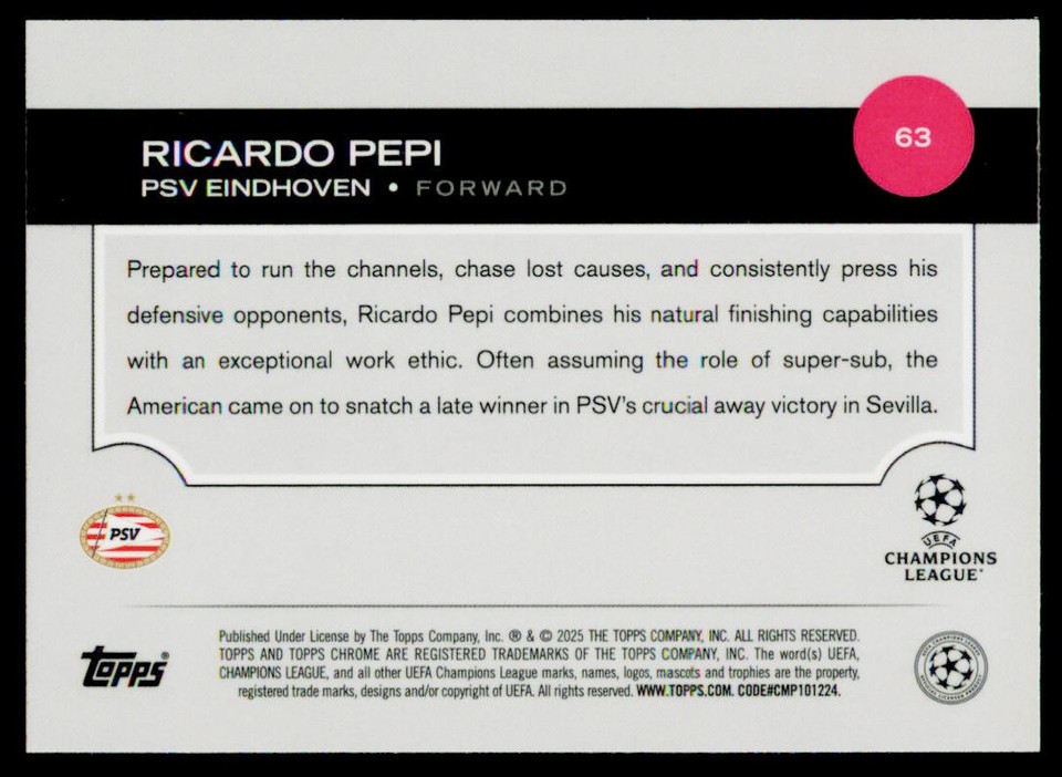 2024-25 Topps Chrome UEFA Club Competitions Ricardo Pepi 63 PSV ...