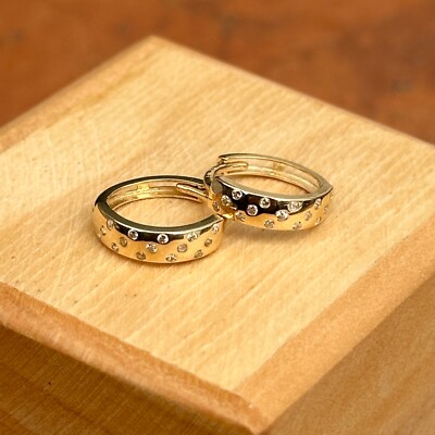 14KT Yellow Gold CZ Stones Hinged Gypsy Set Huggie Hoop Earrings NEW ...