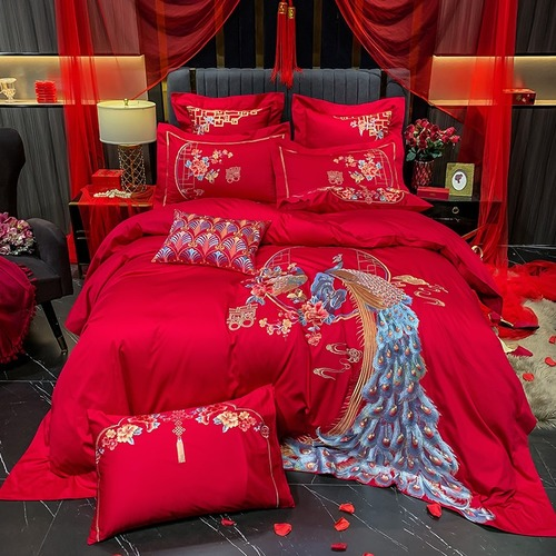 Luxury Red 600TC Egyptian Cotton Chic Phoenix Embroidery Bedding Se Set ...
