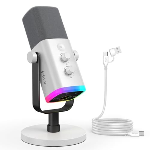FIFINE AM8W USB/XLR Dynamic Mic RGB Mute Volume PC PS5 White Podcast ...