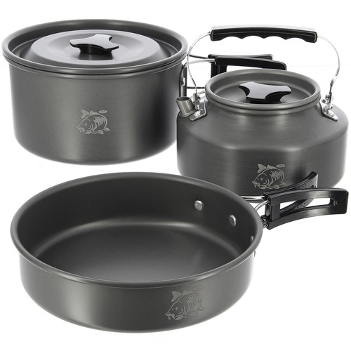 NGT 3 Piece Cooking Carp Fishing Camping Cook Set Kettle Frying Pan Pot ...