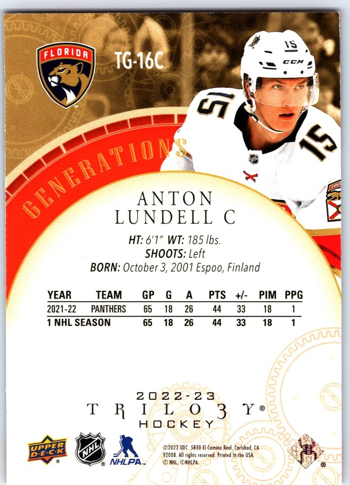 22-23 TRILOGY GENERATIONS RED - ANTON LUNDELL /599 #TG-16C FLORIDA ...
