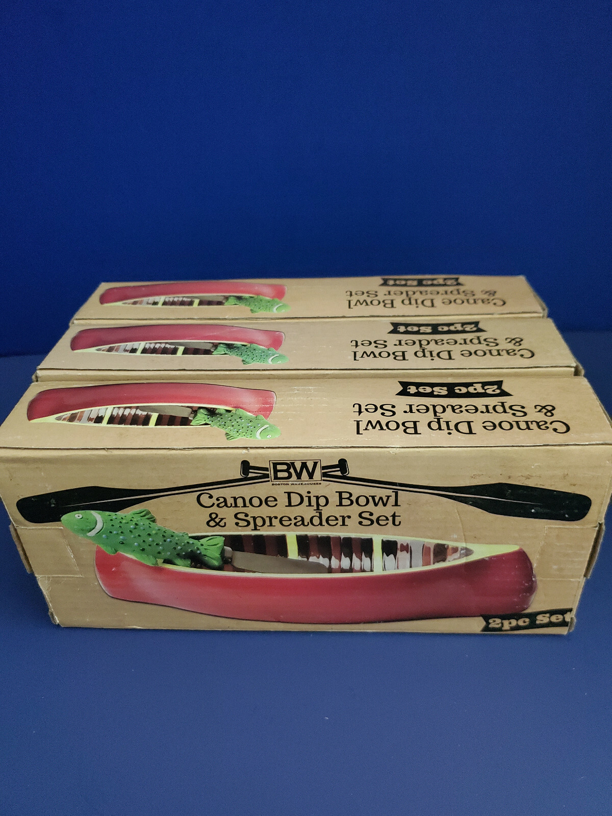 Lot of 3 Boston Warehouse Canoe Dip Bowl And Spreader Set In Box Holds ...