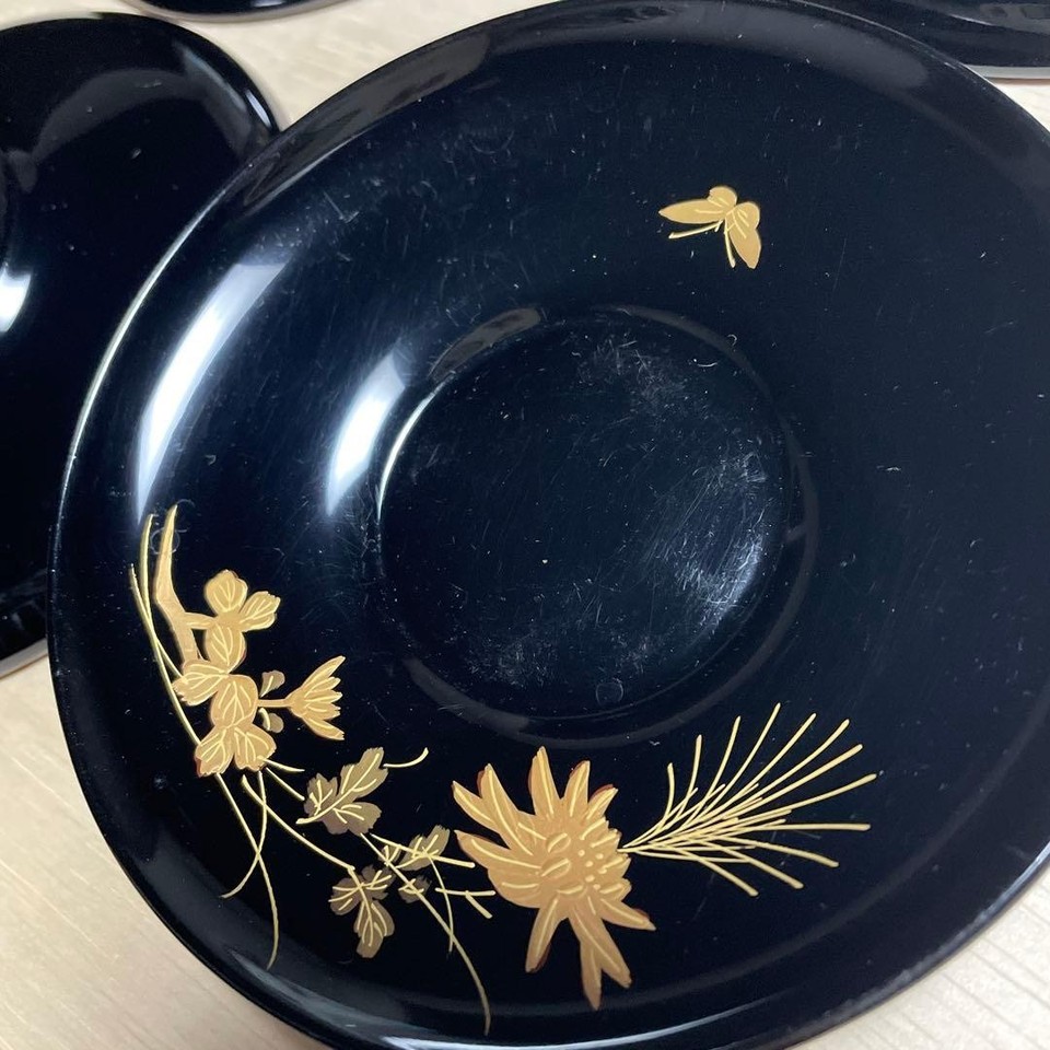 Wajima Nuri Black Lacquer Tea Coaster Set 4pcs Gold Floral Decorative ...
