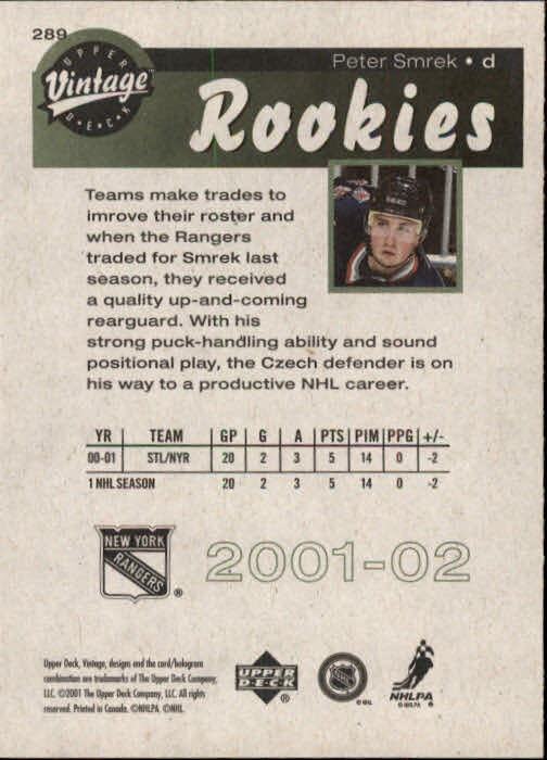 2001-02 Upper Deck Vintage #289 Peter Smrek RC - NM-MT | eBay