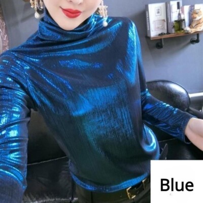 Women Metallic Slim High Neck Shirt Top Shiny Pullover Undershirt Fit ...