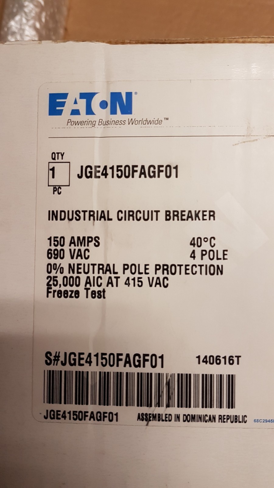EATON CUTLER HAMMER JGE4150FAGF01 4 pole 150A J250E Circuit Breaker ...