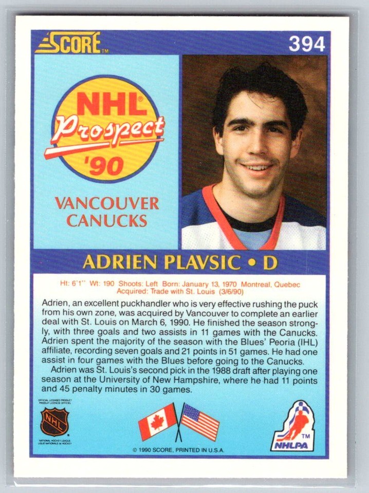 1990-91 Score American #394 Adrien Plavsic Vancouver Canucks Rookie ...
