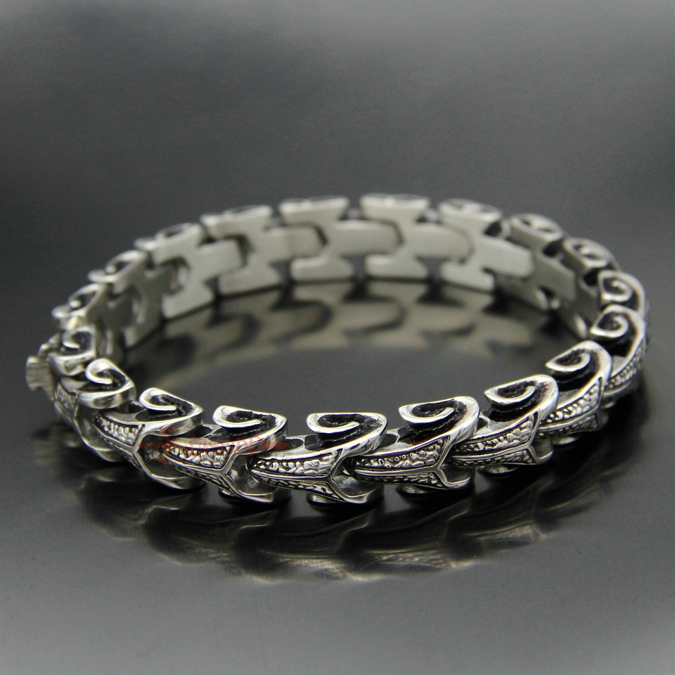 Retro Stainless Steel Dragon Snake Skin Bone Link Chain Bracelet Bangle ...