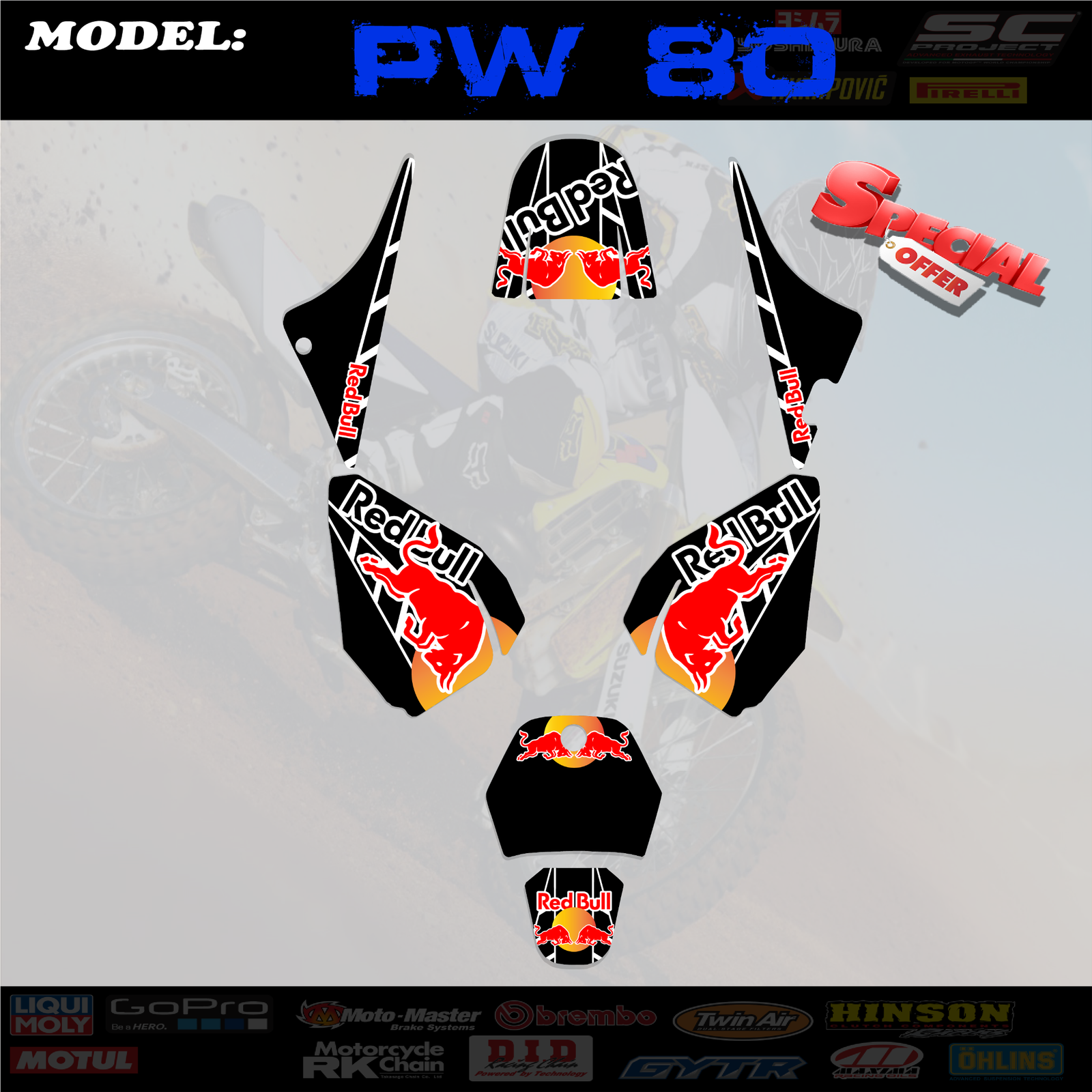 RB1 Black Graphics Kit Decals Stickers Fits YAMAHA PW 80 PW80 1983-2020 ...