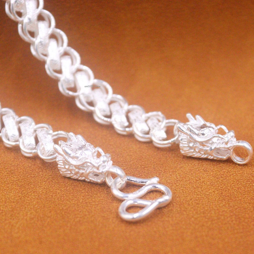 Pure 999 Fine Silver Necklace Men Women 9mm Carved Dragon Head Link ...