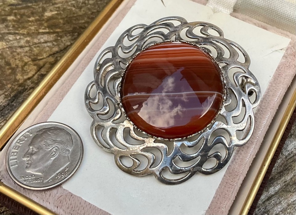 Vintage BANDED AGATE STERLING BROOCH PIN Hallmarks Edinburgh SCOTLAND ...
