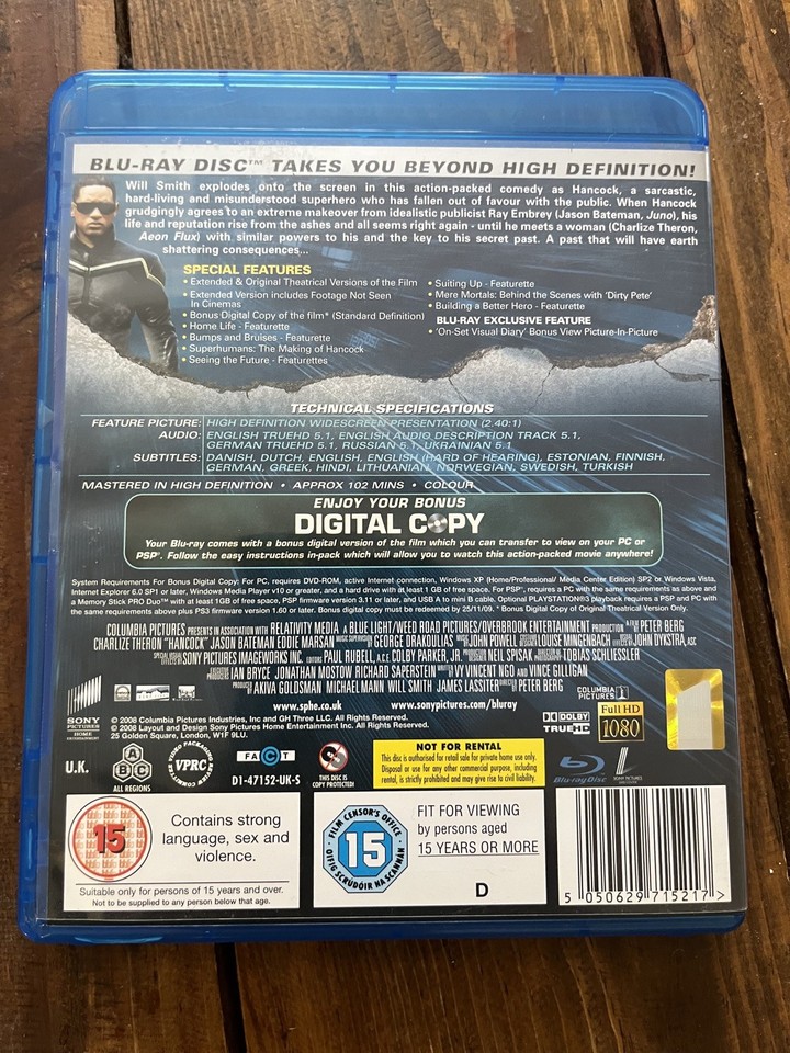 Hancock (Blu-ray, 2008) Extended Cut. Will Smith, Charlize Theron ...