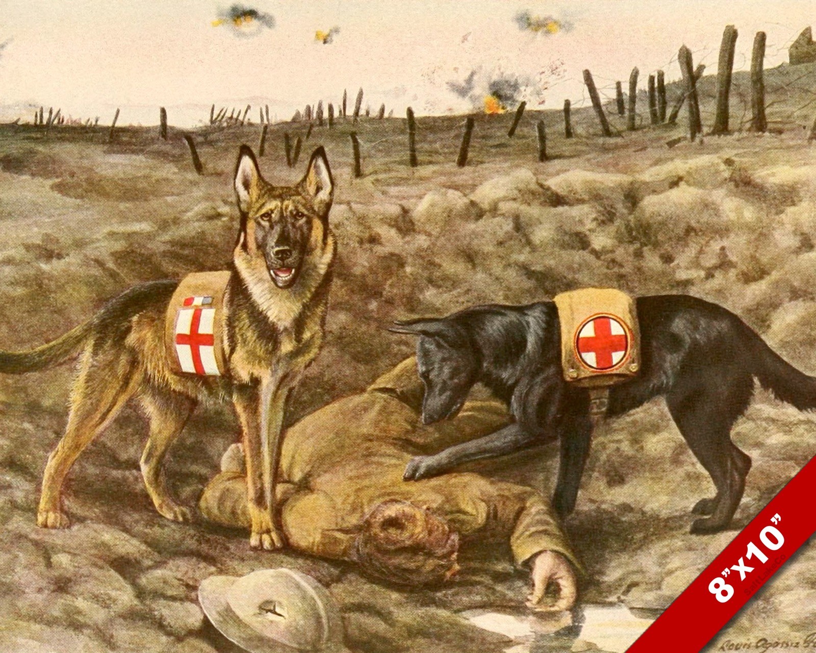 WWI RED CROSS ALSATION WAR DOGS & SOLDIER DOG ART PAINTING REAL CANVAS ...