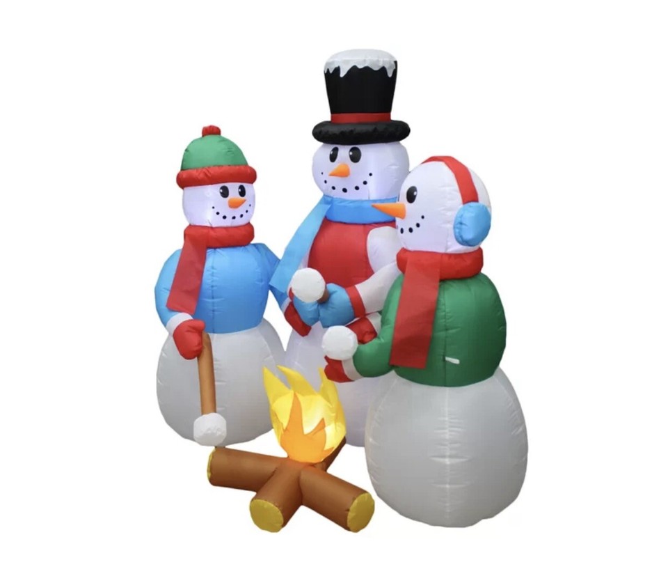 Inflatable Snowman Family of 3 Sitting By Campfire Roasting ...