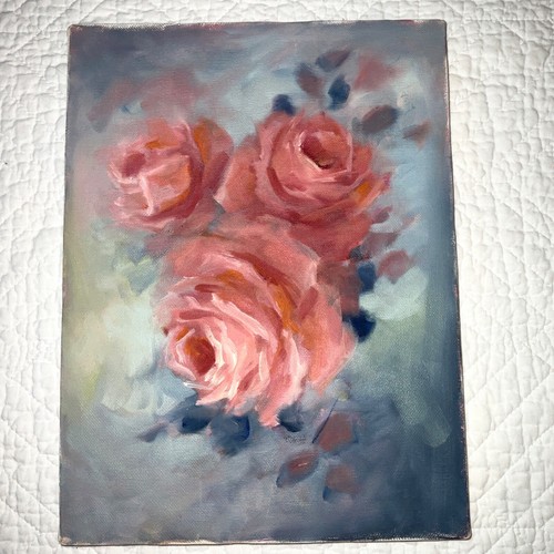 VINTAGE 90s pink roses original hand painted oil PAINTING by Ross | eBay
