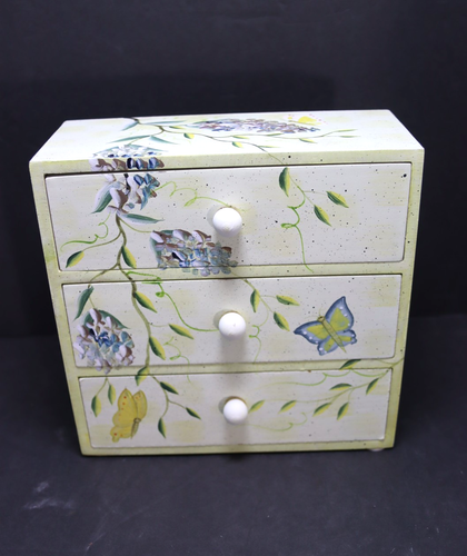 VTG 3 Drawer Hand Painted Floral Wood Trinket Jewelry Desk Box 7" x 7 ...