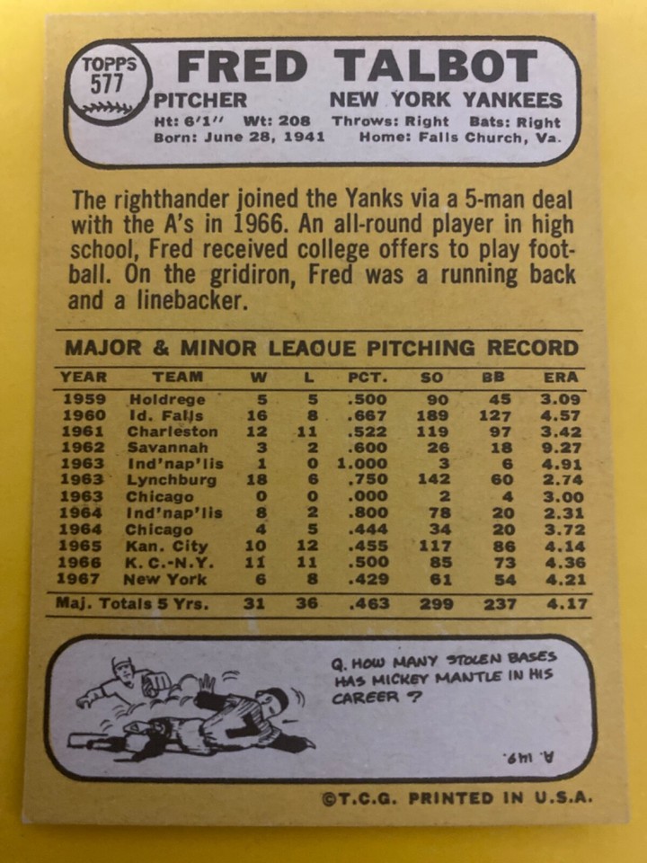 1968 Topps Baseball #577 Fred Talbot NM/MT | eBay