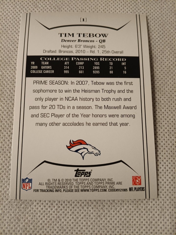 2010 TIM TEBOW TOPPS PRIME NFL ROOKIE CARD RC #1 DENVER BRONCOS FLORIDA ...