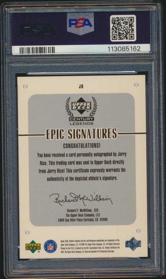 1999 UD Century Legends Jerry Rice Epic Signatures Auto PSA 8 On Card ...